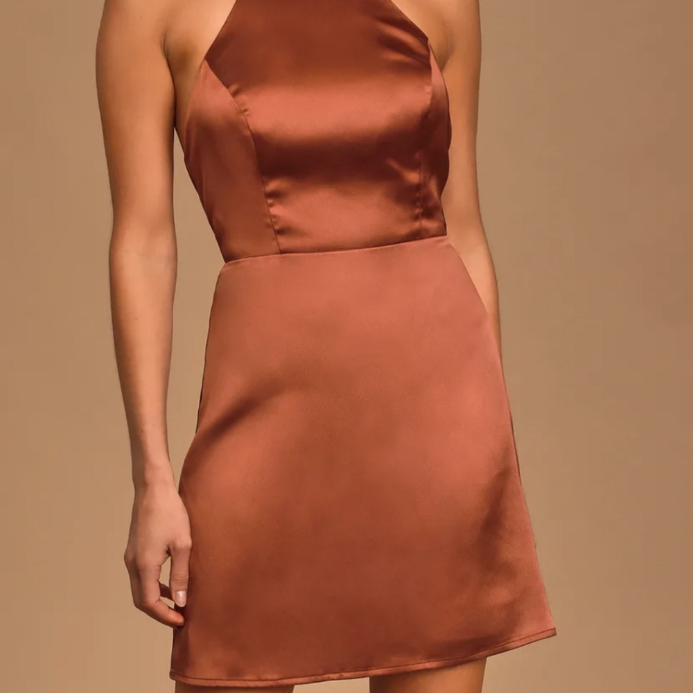 Lulus Celebrate Rust Brown Satin Halter Mini Dress - Gem